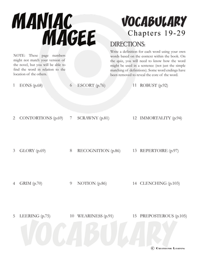 MANIAC MAGEE Vocabulary List and Quiz (chapters 19-29) | Teaching Resources