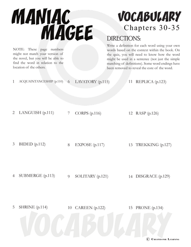 MANIAC MAGEE Vocabulary List and Quiz (chapters 30-35) | Teaching Resources