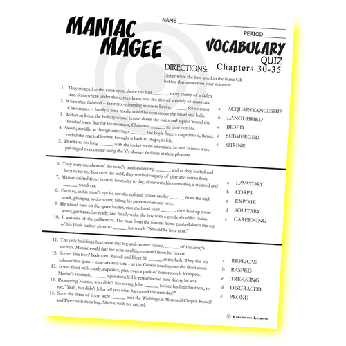 MANIAC MAGEE Vocabulary List and Quiz (chapters 30-35) | Teaching Resources