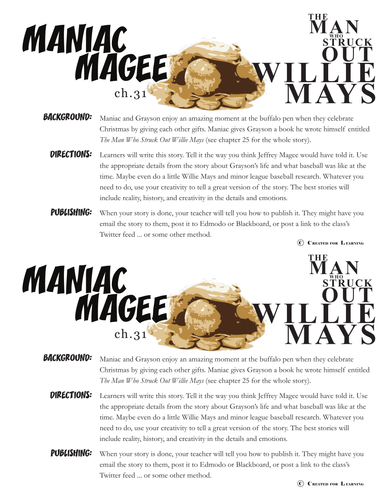 MANIAC MAGEE Man Who Struck Out Willie Mays Creative Writing Activity ...