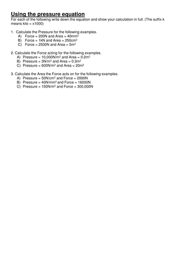 Pressure - KS3 Physics, Year 9, pressure equation, applications ...