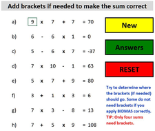 BIDMAS - add missing signs or brackets | Teaching Resources