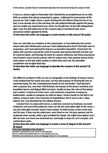 Frankenstein: structured worksheet on Chapter 5 for lower ability ...