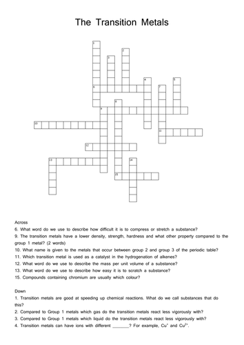 AQA Chemistry 9-1 (2016) Transition Metals (Unit 1) CROSSWORD ...