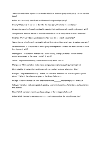 AQA Chemistry 9-1 (2016) Transition Metals (Unit 1) CROSSWORD ...