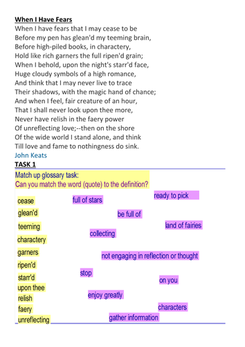 'When I have fears': Keats. Worksheet. Reading and Writing task ...