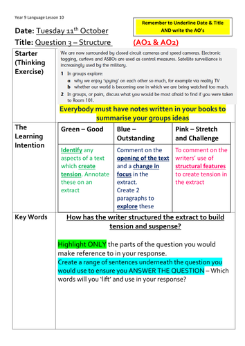 AQA Lang paper 1 - Question 3- Structure | Teaching Resources