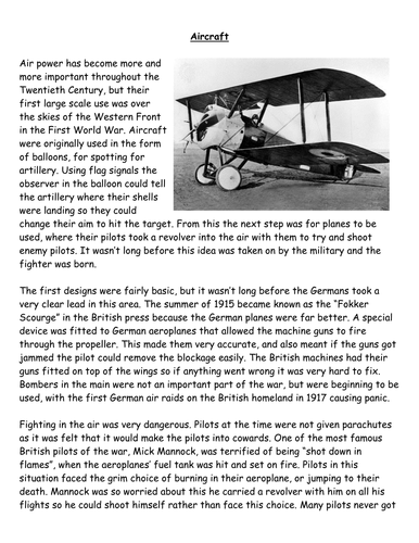 Technology in World War One aircraft worksheet | Teaching Resources