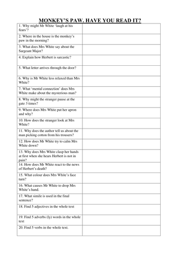 The Monkey's Paw: various comprehension worksheets | Teaching Resources