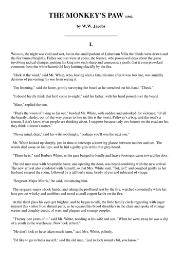 The Monkey's Paw: various comprehension worksheets | Teaching Resources