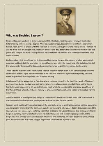 Two complete lessonsYr 8; War Poetry: Ziegfried Sassoon, 1917, Suicide ...