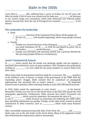 Stalin's Rise to Power: Gap Fill | Teaching Resources