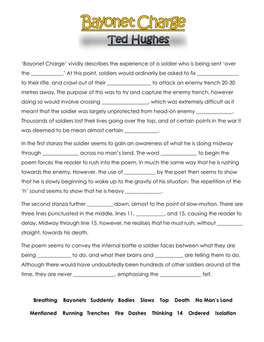 Bayonet Charge - Ted Hughes - War/Conflict Poetry | Teaching Resources