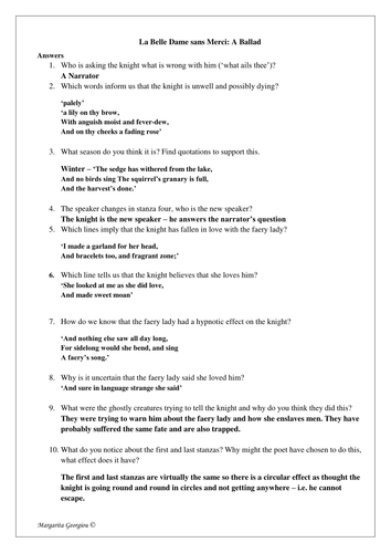 La Belle Dame Sans Merci poem and worksheets | Teaching Resources La Belle Dame Sans Merci poem and worksheets | Teaching Resources
