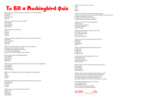 To Kill a Mockingbird: multiple choice questions | Teaching Resources