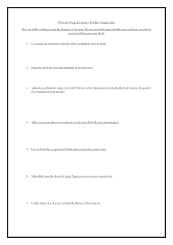 Questions based on the short story 'When the wasps drowned' by Claire ...