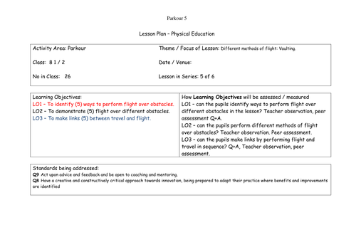 Parkour Scheme of Work. Individual lesson plans and Risk assessment ...