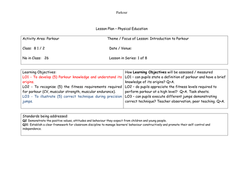 Parkour Scheme of Work. Individual lesson plans and Risk assessment ...