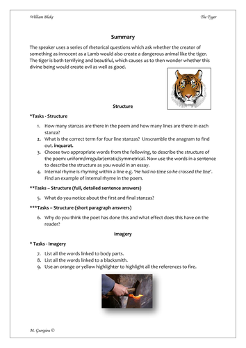 William Blake 'The Tiger/Tyger' poem, tasks and answers | Teaching ...