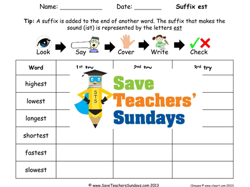 Suffix est Words Spelling Worksheets and Dictation Sentences for Year 1 ...