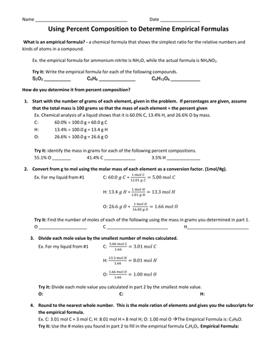 Using Percent Composition to Determine Empirical Formulas worksheet ...