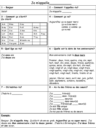 Speaking and writing helpsheets - personal information and family ...