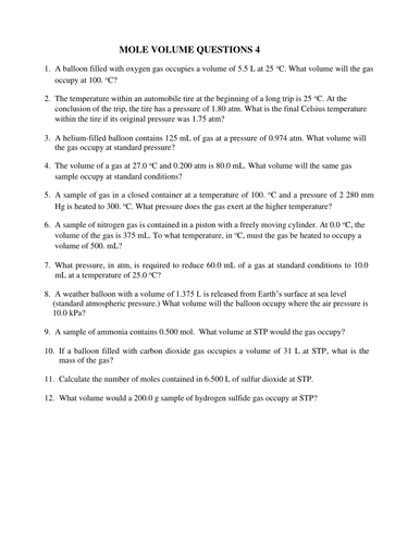 MOLE AND VOLUME CALCULATIONS WORKSHEETS WITH ANSWERS | Teaching Resources