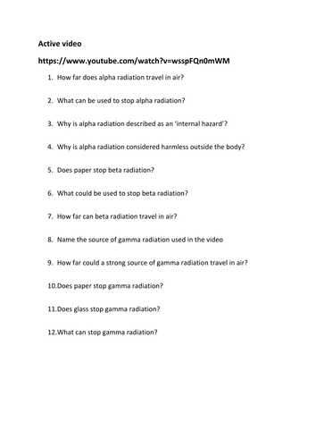 Types of radiation - active video worksheet | Teaching Resources