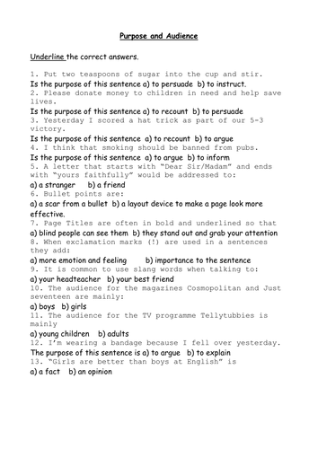 Identifying the purpose and audience: 2 worksheets | Teaching Resources