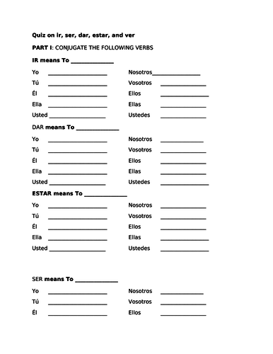 Quiz ir dar ser ver estar present tense | Teaching Resources