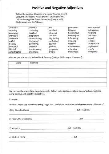 Adjectives positive and negative Year 7 | Teaching Resources