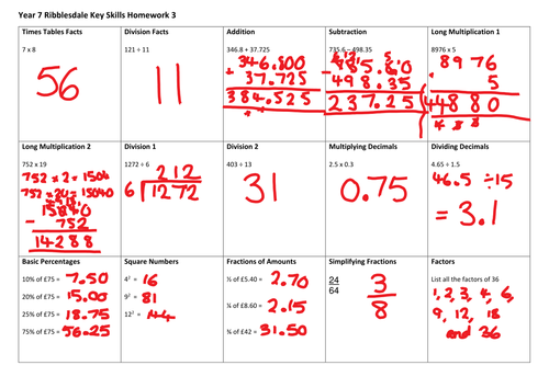 Year 7 Key Skills Homework Pack - multiplication, division, decimals ...