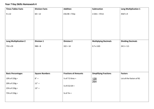 Year 7 Key Skills Homework Pack - multiplication, division, decimals ...