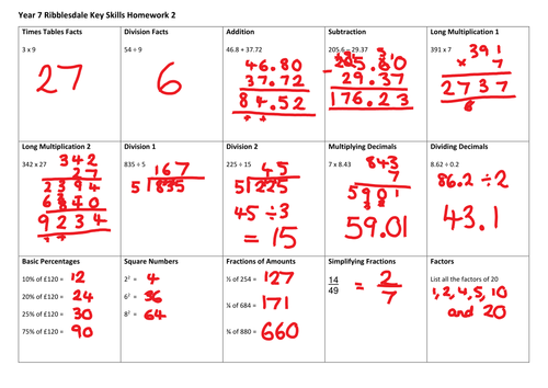 Year 7 Key Skills Homework Pack - multiplication, division, decimals ...