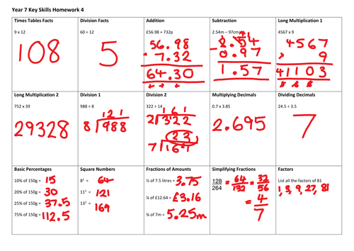 Year 7 Key Skills Homework Pack - multiplication, division, decimals ...