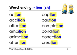 Year 3 spellings: word endings: shn - tion, ssion, sion, cian - ppts and table/group cards ...