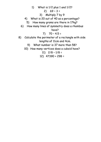 A Week's Worth of 10 Mixed Arithmetic Questions Autumn Week 1 ...