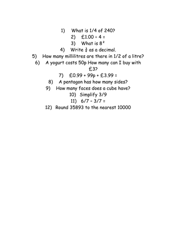 A Week's Worth of 10 Mixed Arithmetic Questions Autumn Week 1 ...