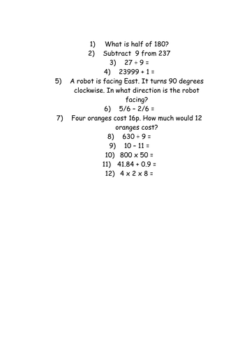 A Week's Worth of 10 Mixed Arithmetic Questions Autumn Week 1 ...