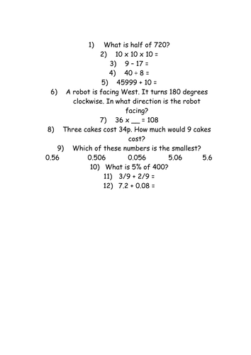 A Week's Worth of 10 Mixed Arithmetic Questions Autumn Week 1 ...