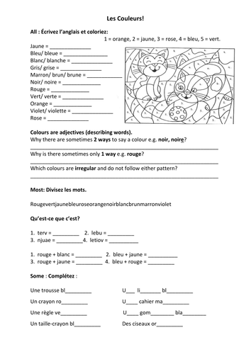 French Teaching Resources Colours Worksheet | Teaching Resources