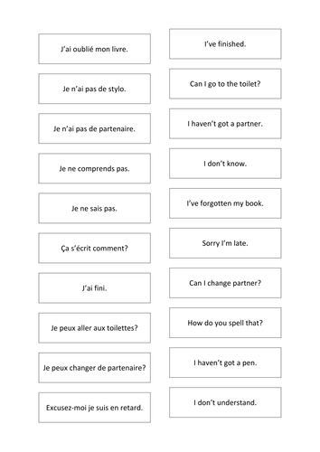 French Teaching Resources. Student Classroom Phrases Matching Cards and ...