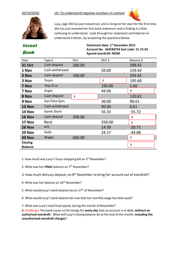 Year 5/6 Negative numbers in context: Bank Statements DIFFERENTIATED ...