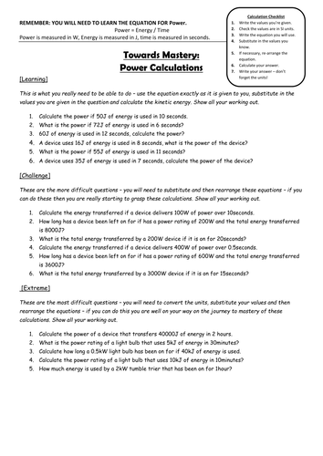 Energy Calculations - Towards Mastery | Teaching Resources
