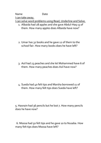 Subtraction Word Problems Year 1 and 2 | Teaching Resources