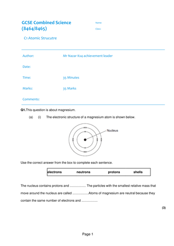 Trilogy Chapter 1 Atomic Structure Assessment | Teaching Resources