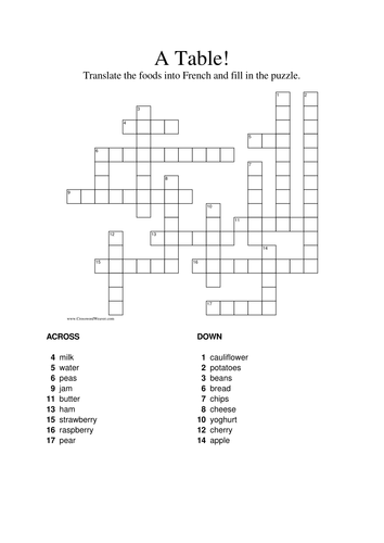 Food crossword in French | Teaching Resources