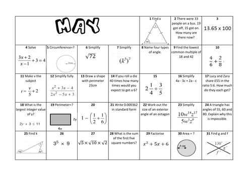 Question a Day Calendar - May KS3/4 | Teaching Resources