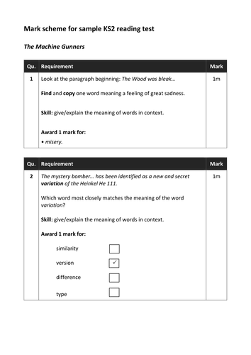 THE MACHINE GUNNERS SHORT SAMPLE KS2 READING TEST SATS STYLE WITH MARKS ...