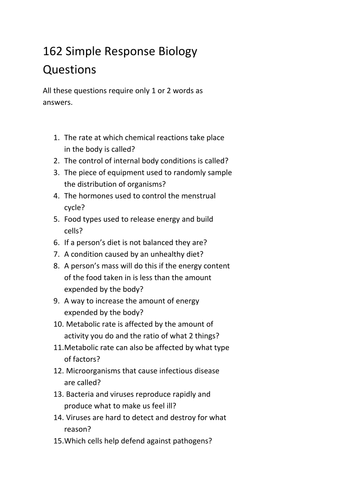 AQA Biology B1 Quick Response questions | Teaching Resources